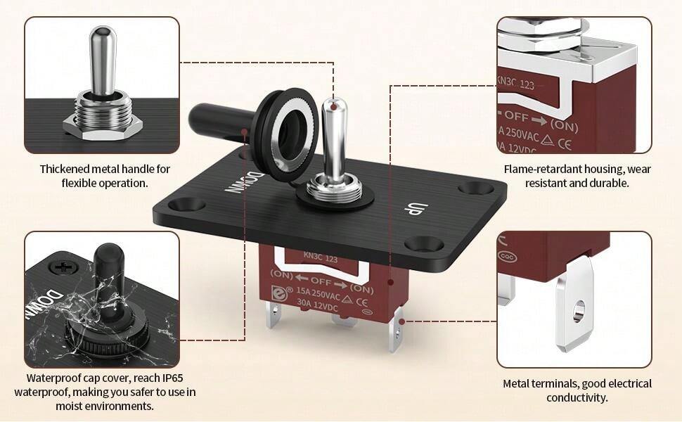 1Set Momentary Toggle Switch Waterproof 12V DC 30A SPDT 3 Way Toggle ...