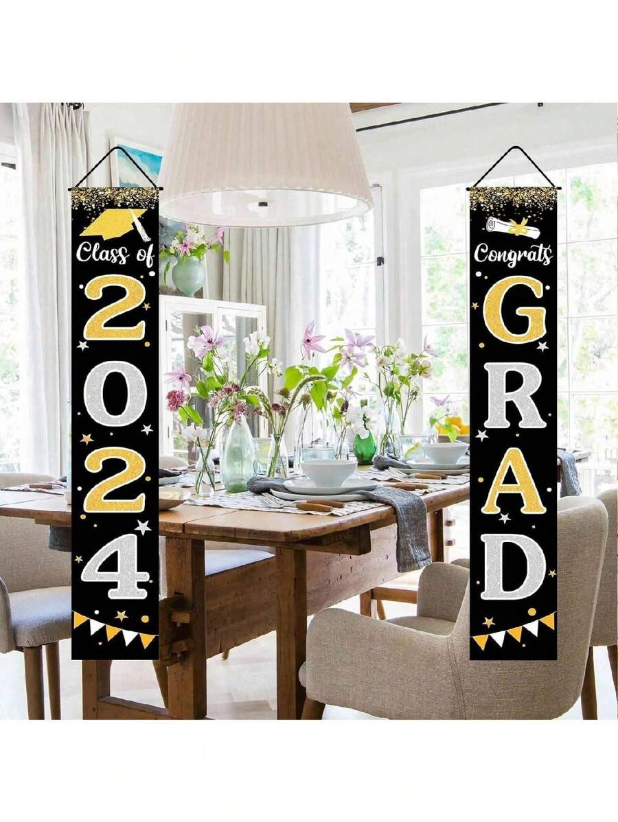 2pcs Graduation Decorations 2024 GRAD Banner Porch Door Sign Welcome ...