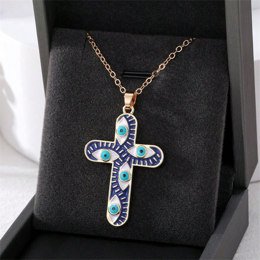 1pc Fashionable Boho Evil Eye & Cross Pendant Necklace, Cool And ...