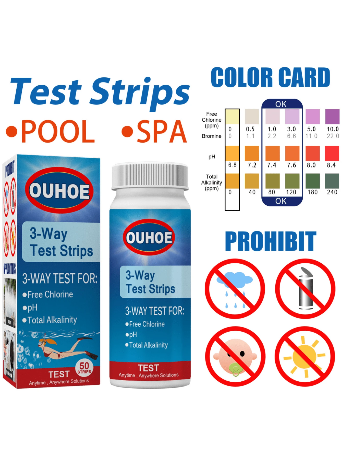 OUHOE 3-In-1 PH Test Strips For Swimming Pool Water Quality, Total ...