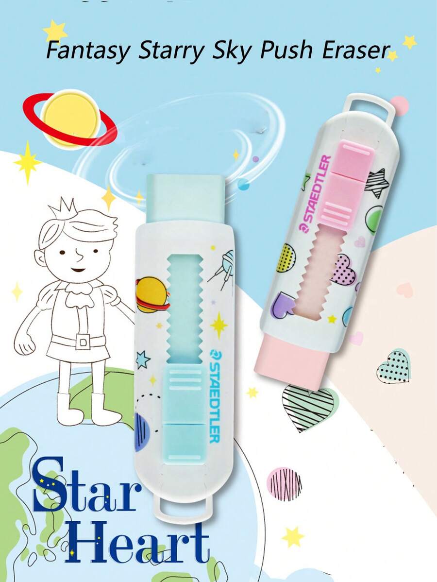 Push Type Contrast Color Eraser Creative Stationery Color Starry Sky Blue Love Cartoon Hand Push ...