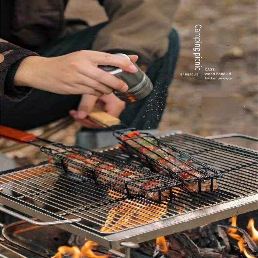 1pc Outdoor BBQ Cage With Wooden Handle For Camping Meat And Vegetables Grill Grid Picnic ...
