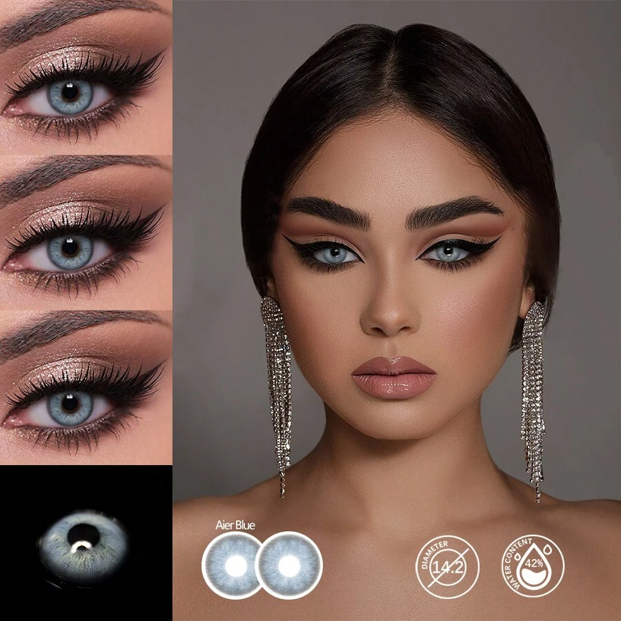 1 Pair Aier Blue Soft Colored Contact Lenses 42% Water Content 1 Year ...