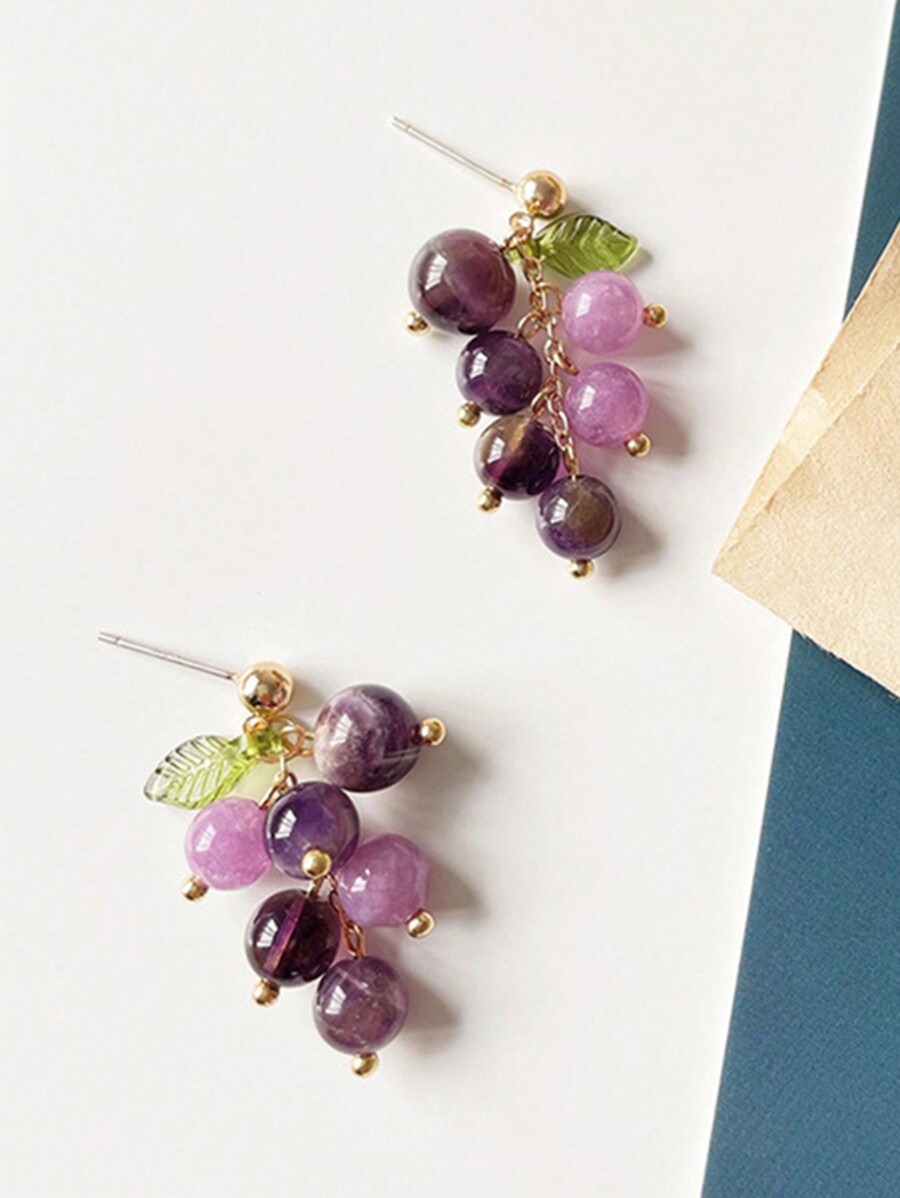 2pcs Korean Style Purple Natural Stone Grape Shaped Earrings Cute Fruit ...