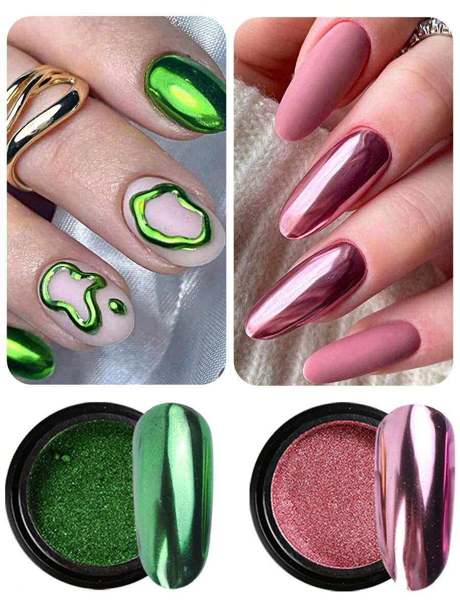 8 Piece Magic Mirror Chrome Nail Powder Set, Silver Gold Pink Green ...