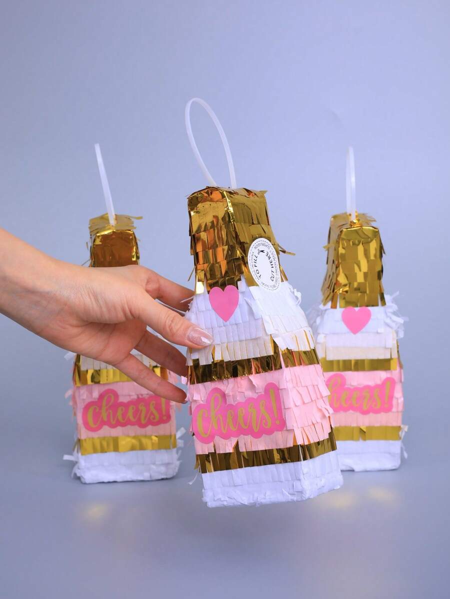 Set Of 3 Hanging Heart Miniature Decor Champagne Bottle Pinatas For ...