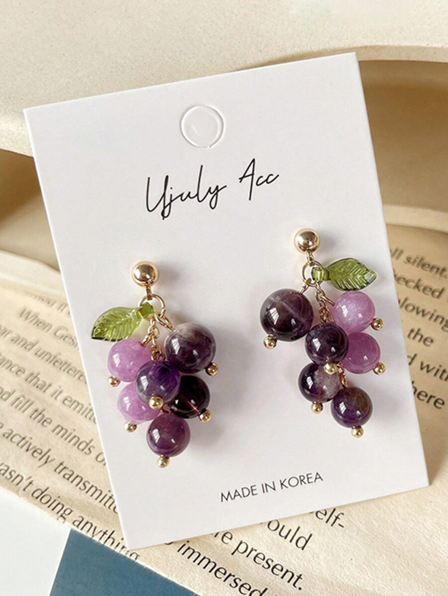 2pcs Korean Style Purple Natural Stone Grape Shaped Earrings Cute Fruit ...