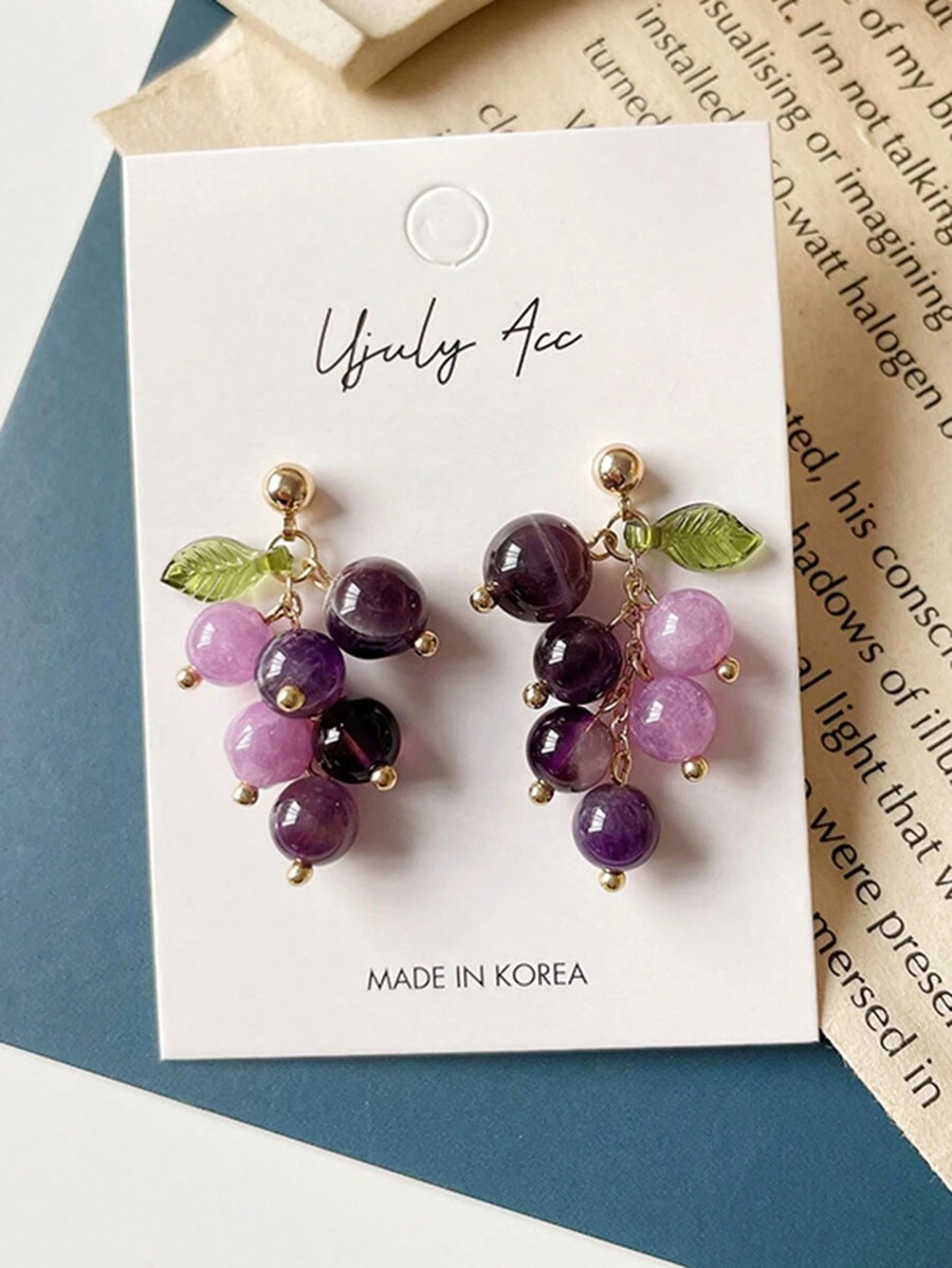 2pcs Korean Style Purple Natural Stone Grape Shaped Earrings Cute Fruit ...