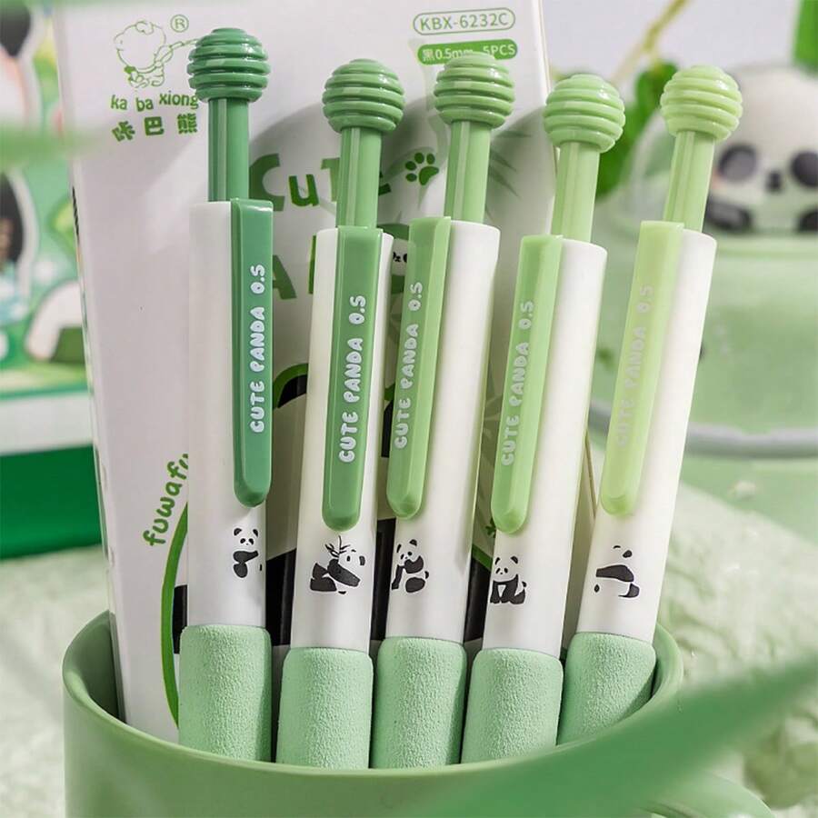 Set Of 5 Retractable Neutral Pens With Cartoon Panda Design For Simple ...