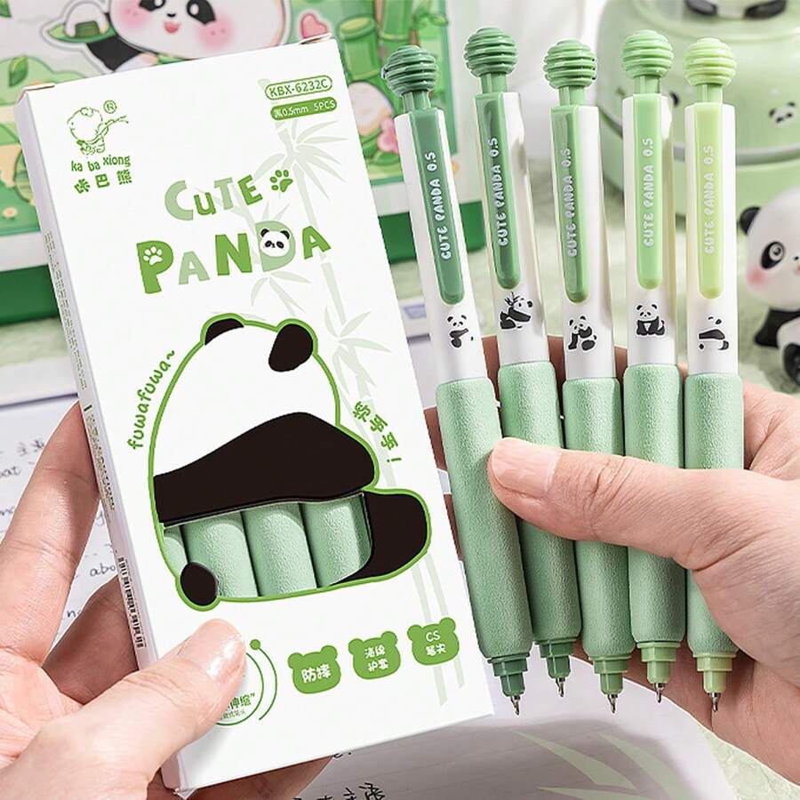 Set Of 5 Retractable Neutral Pens With Cartoon Panda Design For Simple ...