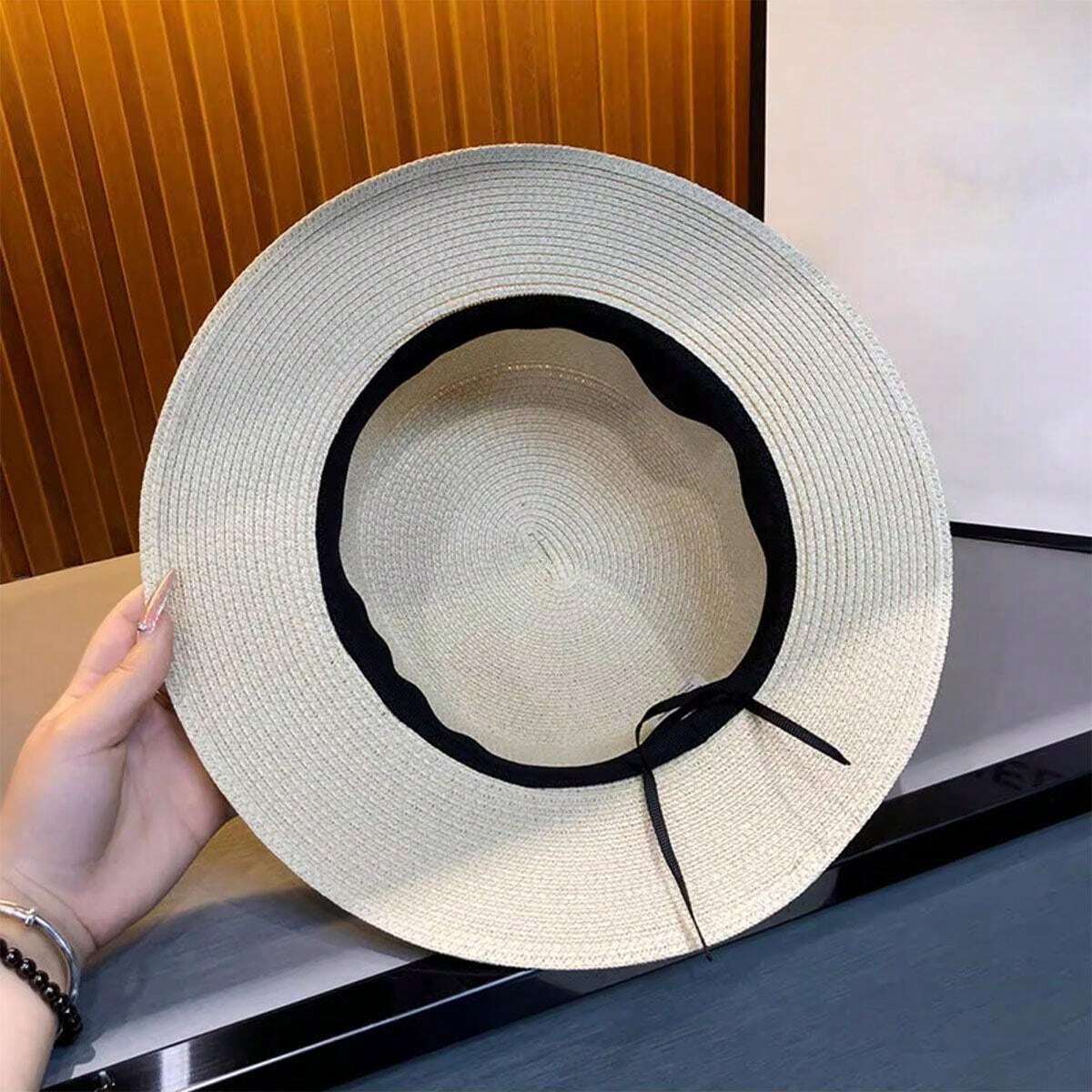 Zomerriem Strohoed Dames Elegante platte hoed Vakantievizier Frans ...