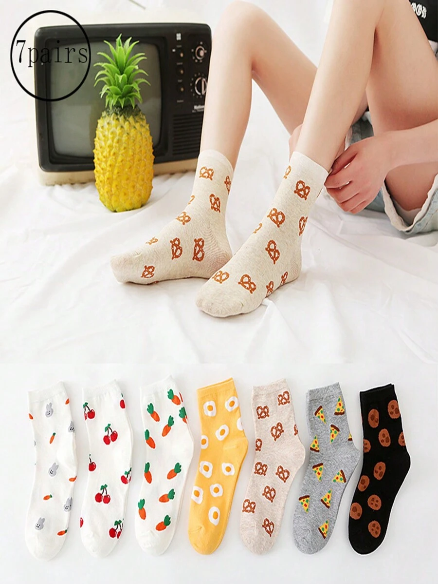 7 Pairs Of Summer And Autumn New Women's Socks Korean Cartoon Cute Carrot Fried Egg Small White ...