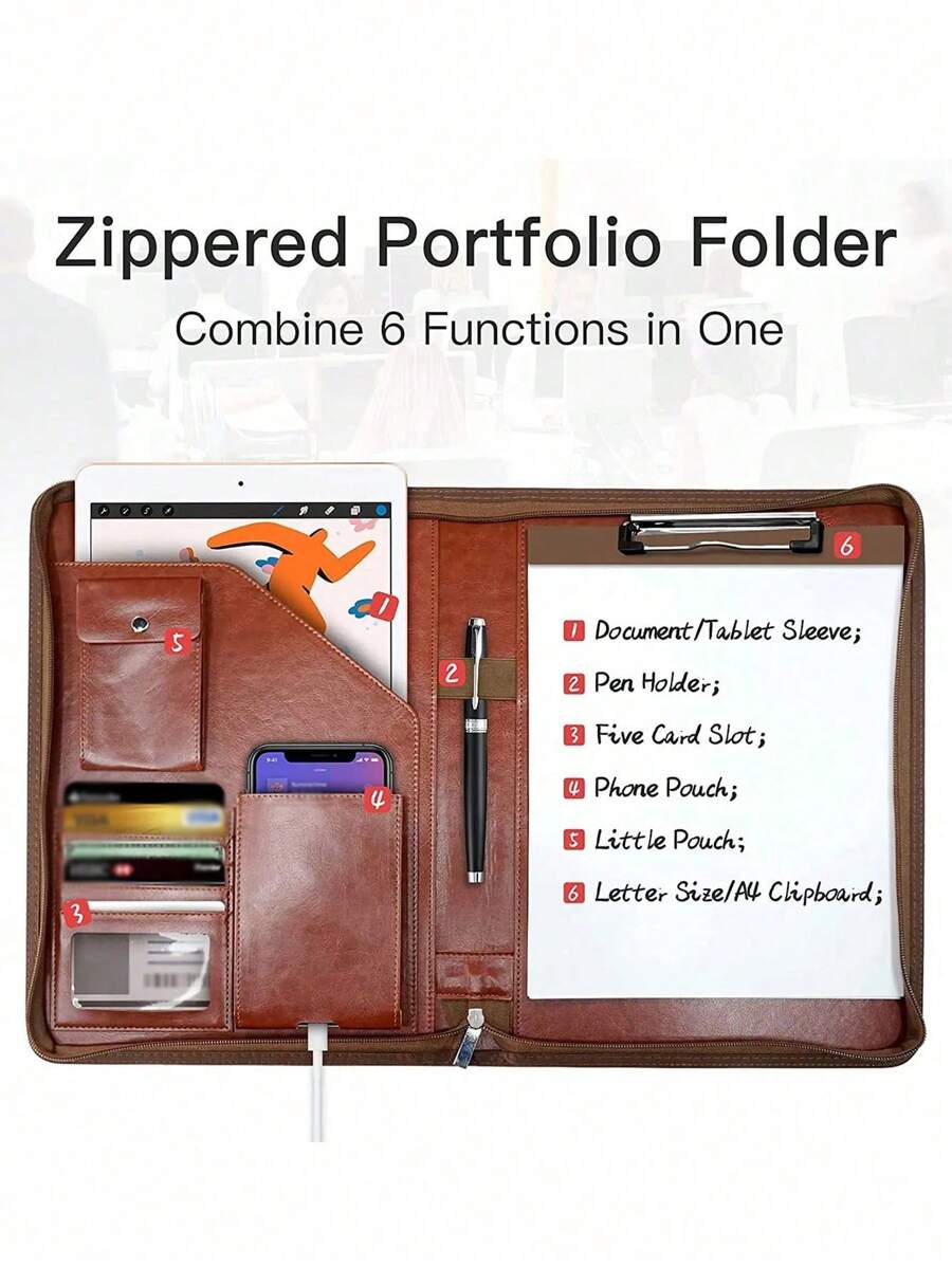1pc Leather A4 Office Document Folder, Multi-Functional Zippered ...