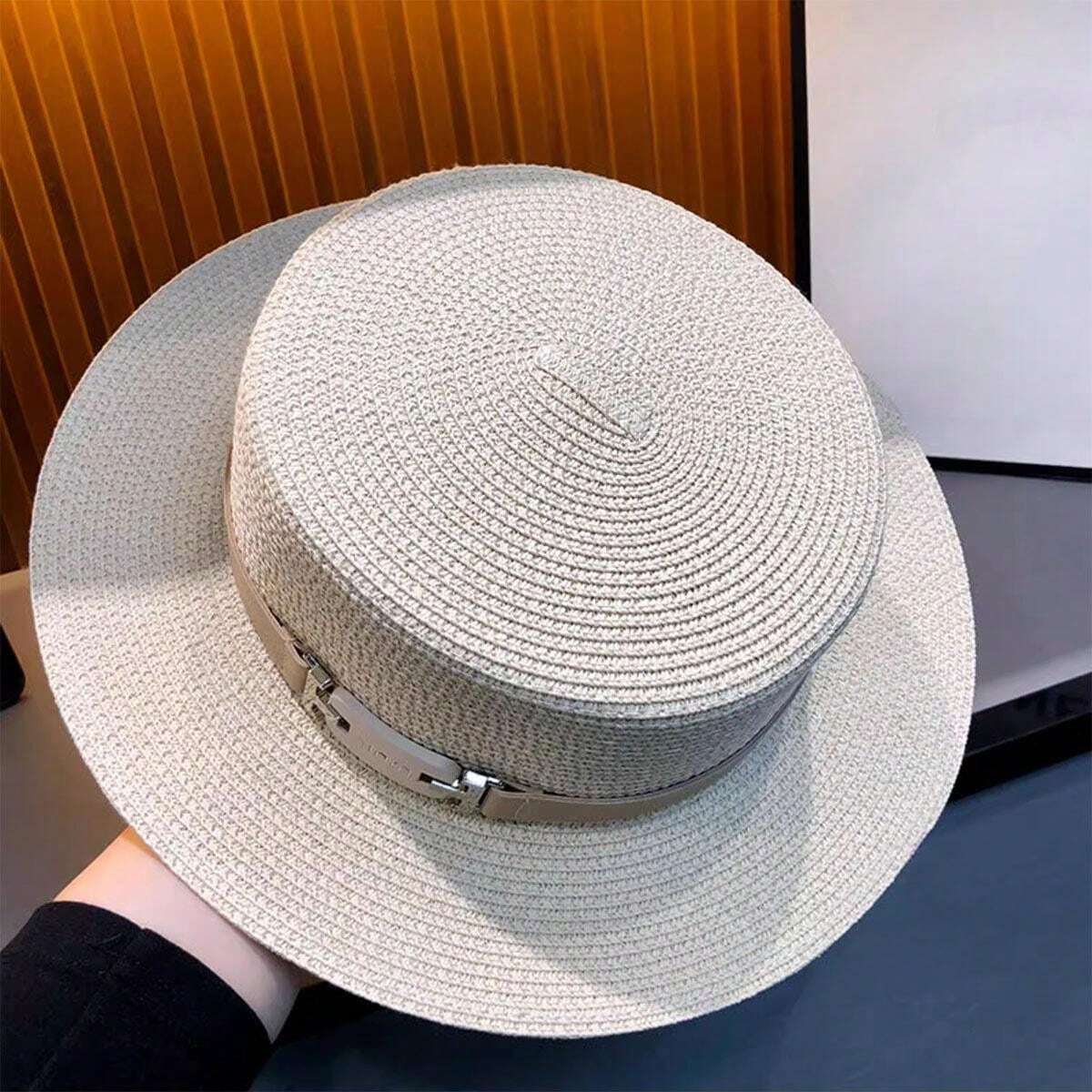 Zomerriem Strohoed Dames Elegante platte hoed Vakantievizier Frans ...