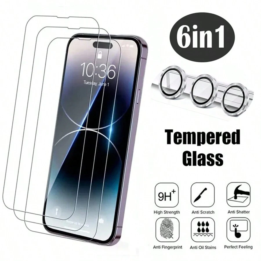 6 In 1 [3pcs Clear Glass+ 3pcs Metal Lens Protector] Transparent Tempered Glass Compatible With ...