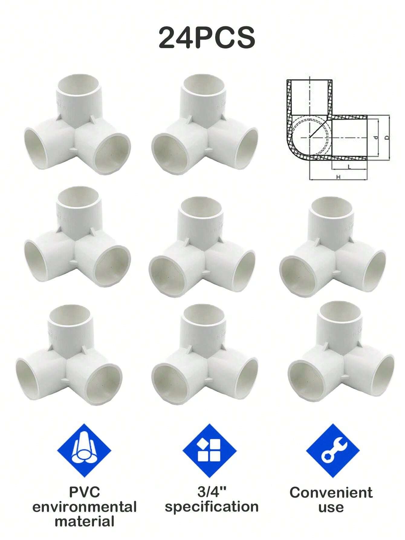 24แพ็คข้อต่อข้อศอกPVC,3/4นิ้ว3 Way PVCท่อตัวเชื่อมต่อสำหรับSCH40ท่อPVC,ท่อPVC Tee Corner Fitting ...