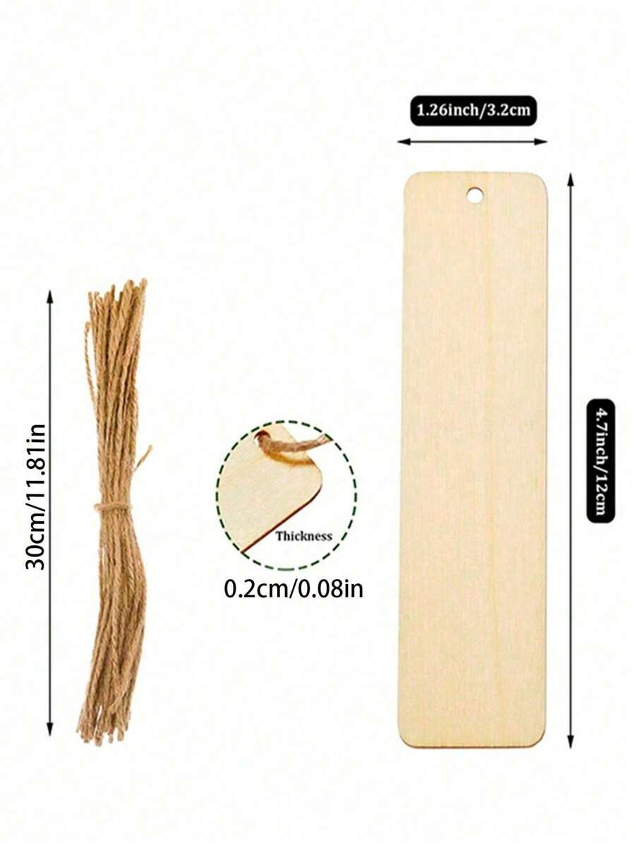 10pcs DIY Wooden Craft Bookmarks With Hole And Rope, Rectangular Blank ...