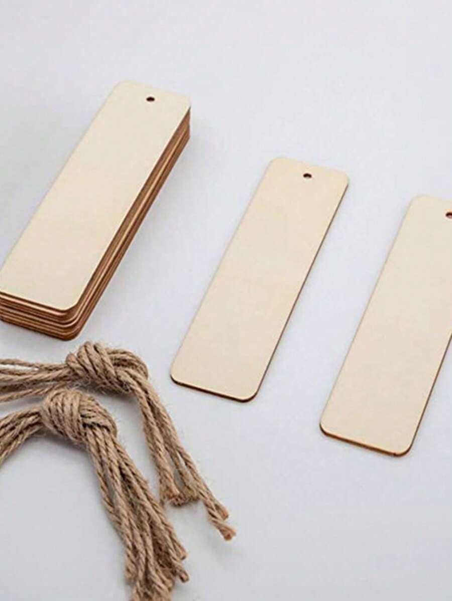 10pcs DIY Wooden Craft Bookmarks With Hole And Rope, Rectangular Blank ...