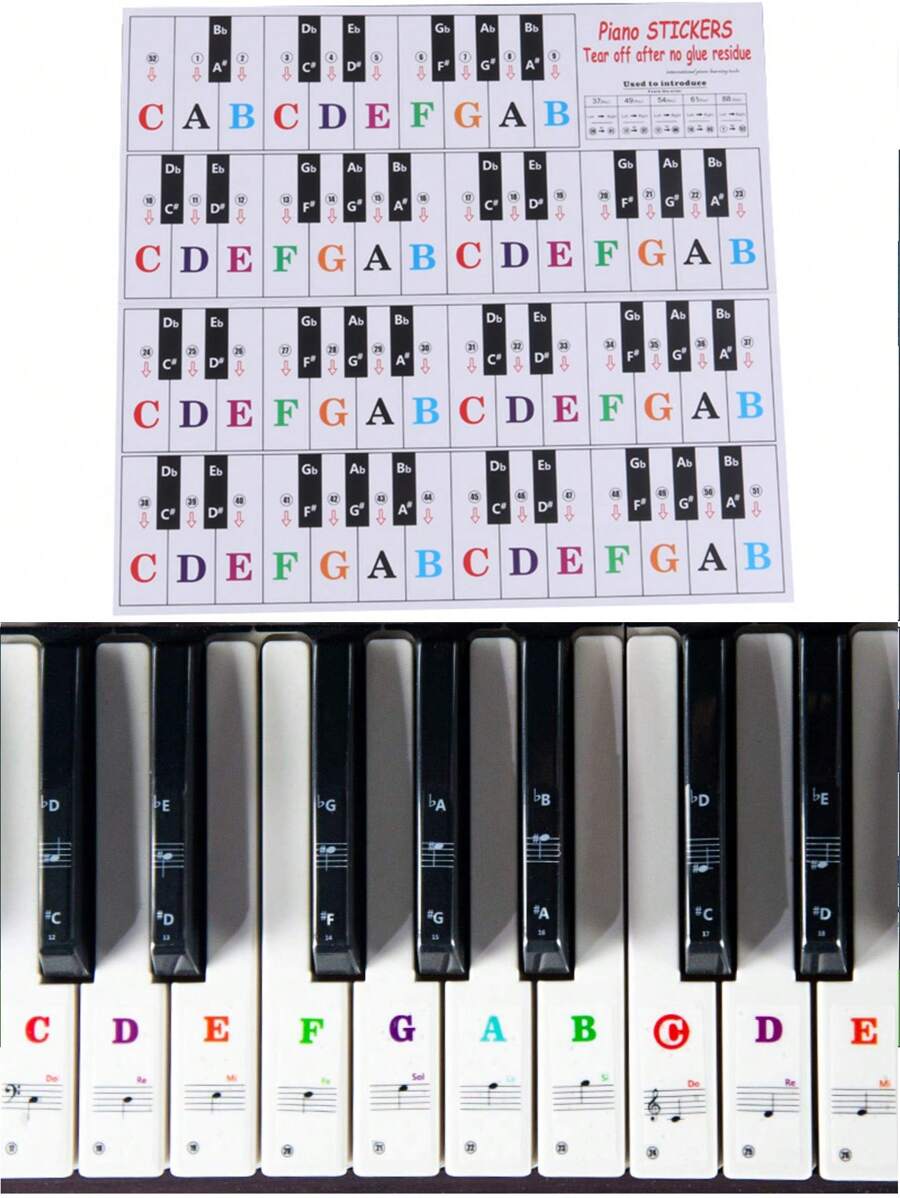 54 Keys Piano Sticker, 1pc Piano Notebook Guide For Beginners, Colorful ...