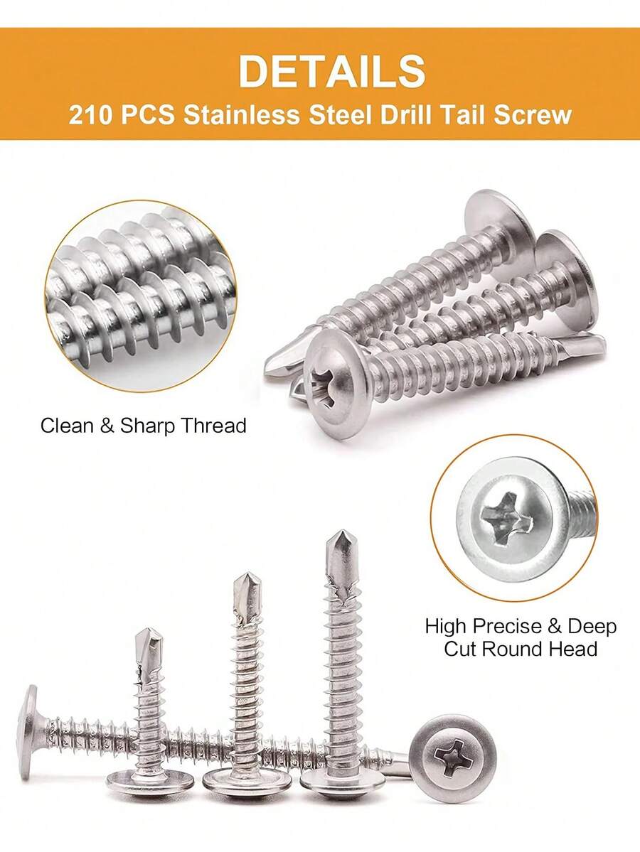 1Set(210Pcs/Set) Self-Tapping Self-Drilling Tail Screw Stainless Steel ...