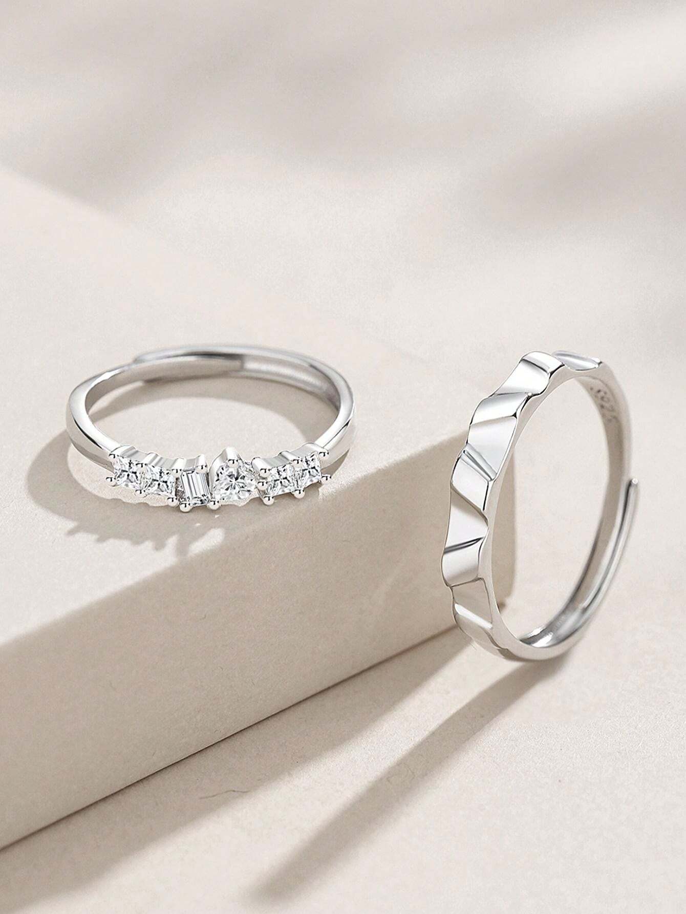 For Love Crowned Romantic Couple Rings, S925 Pure Silver Heart-Shaped Cubic Zirconia Lover Rings ...