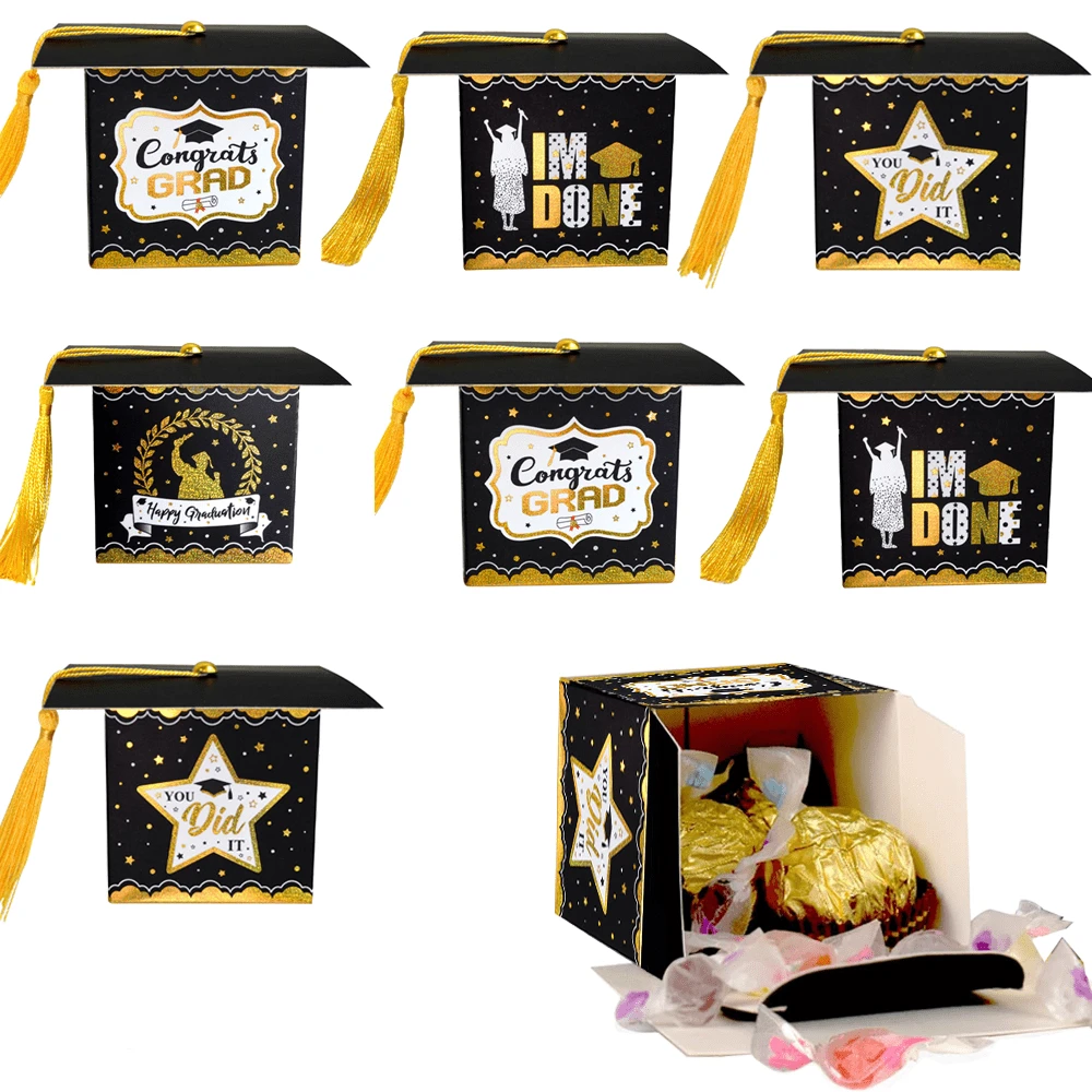 10PCS Graduation Cap Gift Box With Tassels Grad Treat Boxes Glitter ...