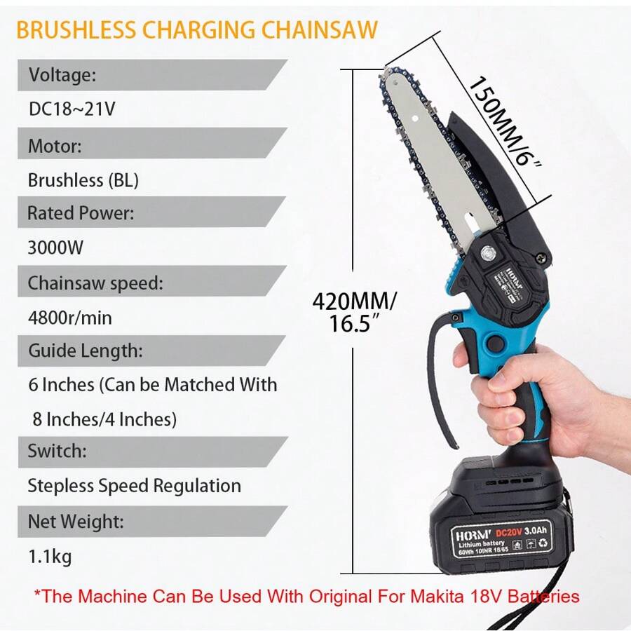 Hormy 6 Inches Brushless Chainsaw Dual Battery Pack 18V Pruning Saw ...