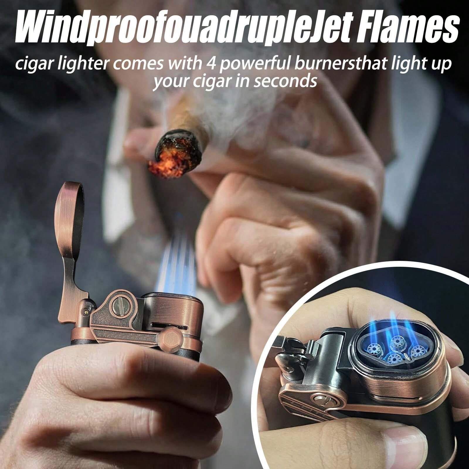 Cigar Lighter Quad Flame Direct Punch With Cigar Stand Rocker Lighter ...