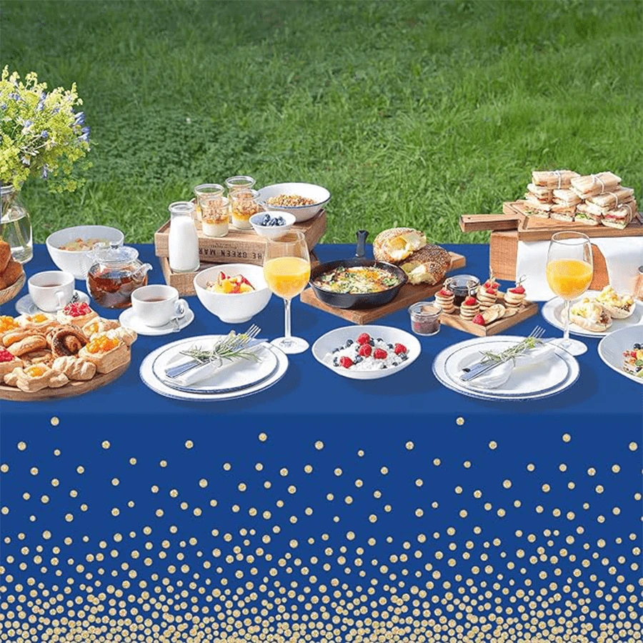 Navy Blue And Gold Polka Dot Party Tablecloth, Disposable Blue Birthday ...