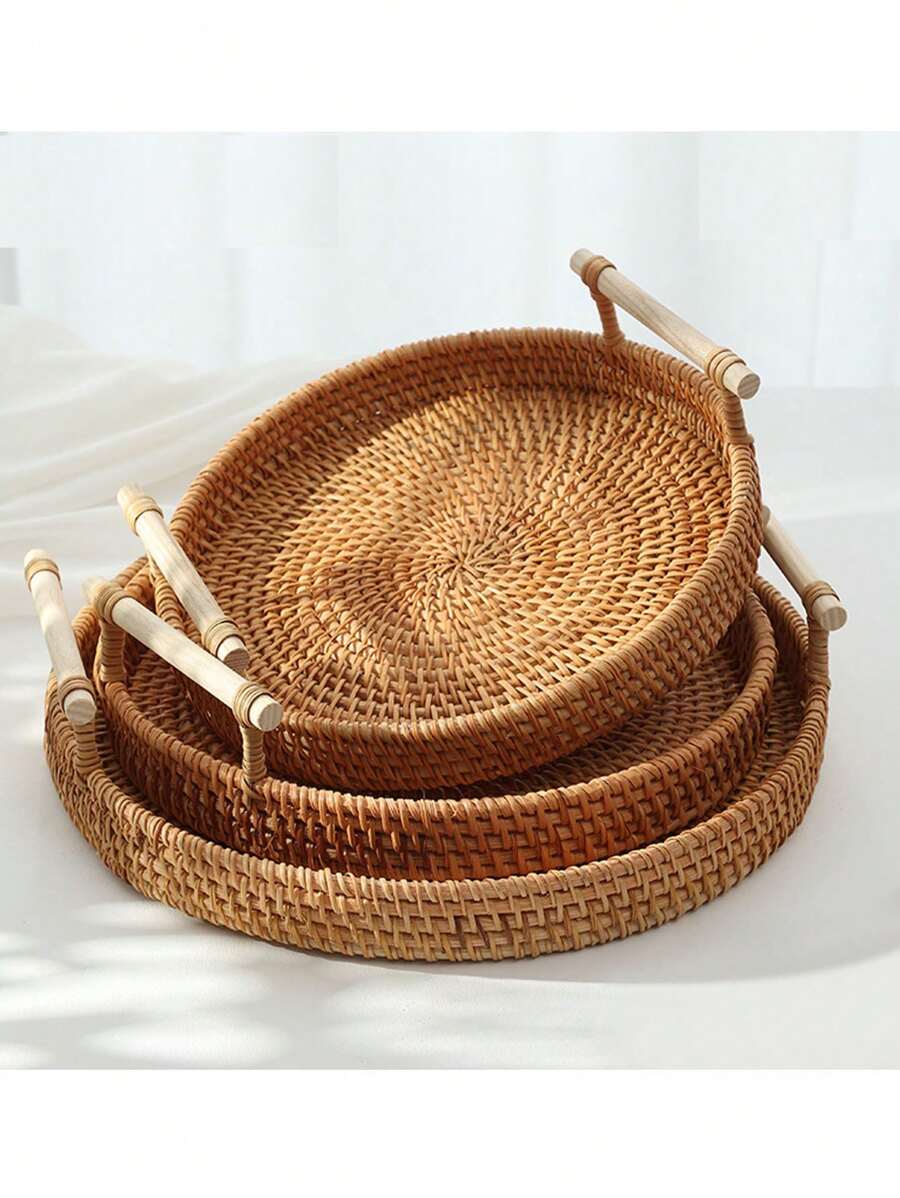 1pc Rattan Round Tray Wicker Woven Bread Basket With Handles For Cookie ...
