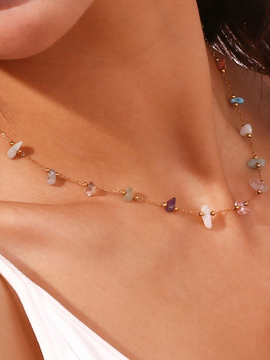 Natural Stone Handmade Beaded Necklace - Gold - Amethyst | SHEIN UK