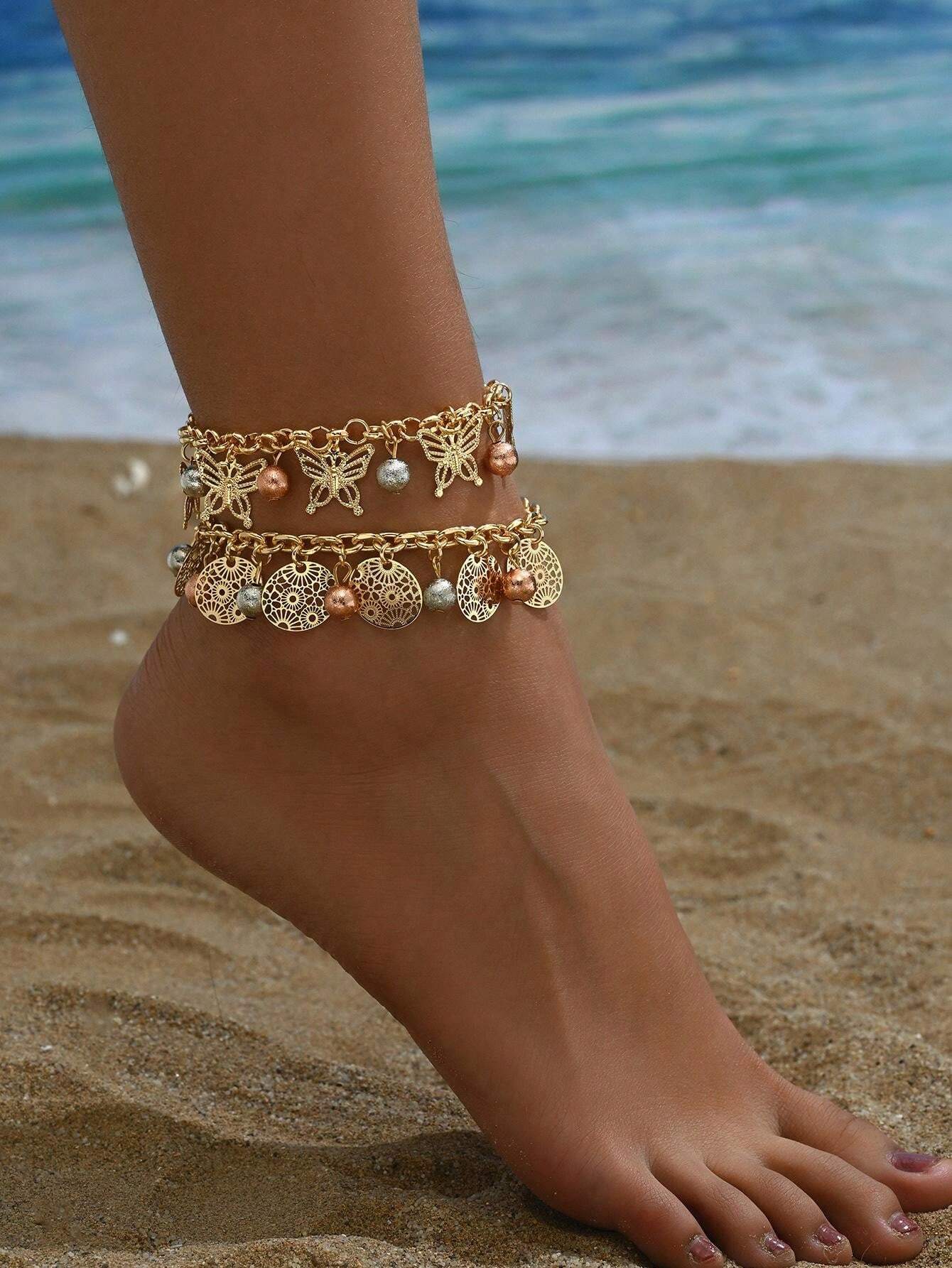 18K Gold Plated Butterfly And Ball Shape Colorful Anklet, Fashionable ...