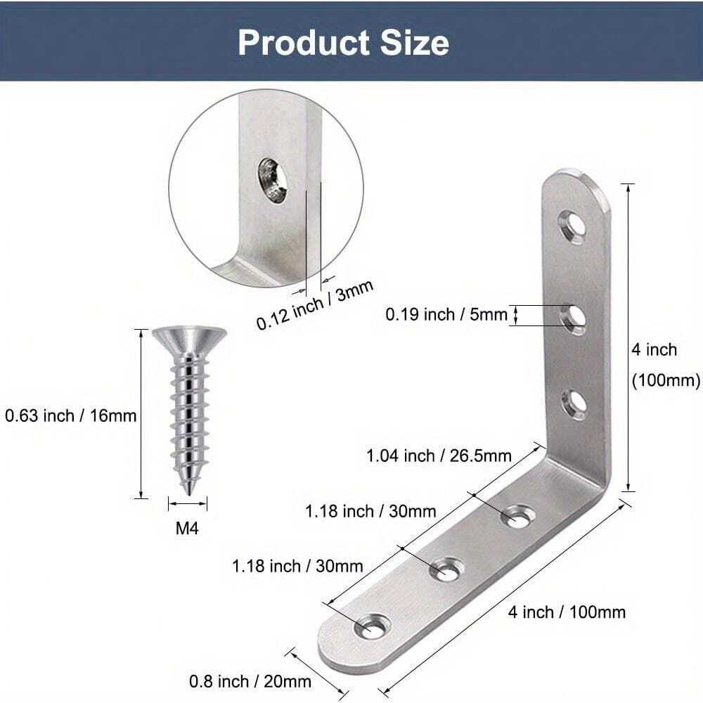 10 Pcs L Bracket Corner Braces 4x4 Inch Stainless Steel Heavy Duty ...