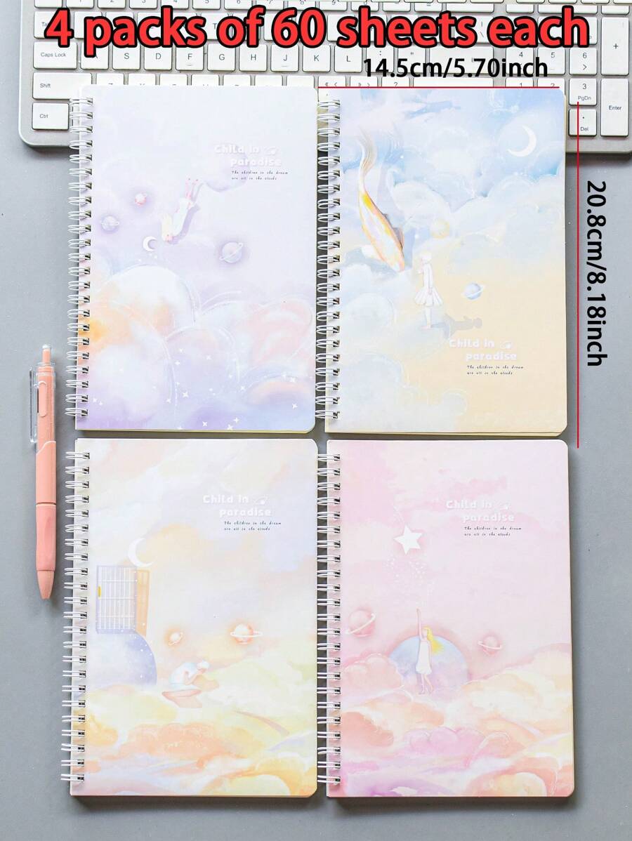 Set Of 4 A5 Spiral Notebooks With 60 Pages Of Lined Paper, Cute Cartoon ...