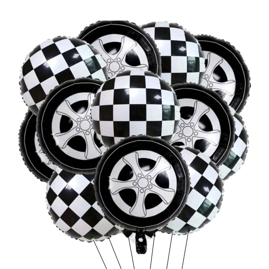 12pcs Racing Theme Balloon Set, Tire Shaped Black And White Checkered ...