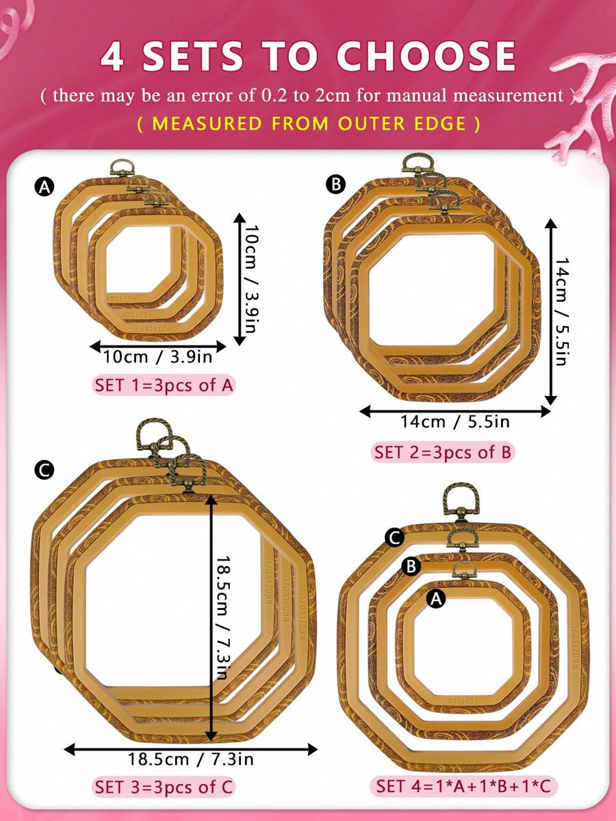 3pcs Octagonal Retro Palace Style Embroidery Hoops Set, Cross-Stitch ...