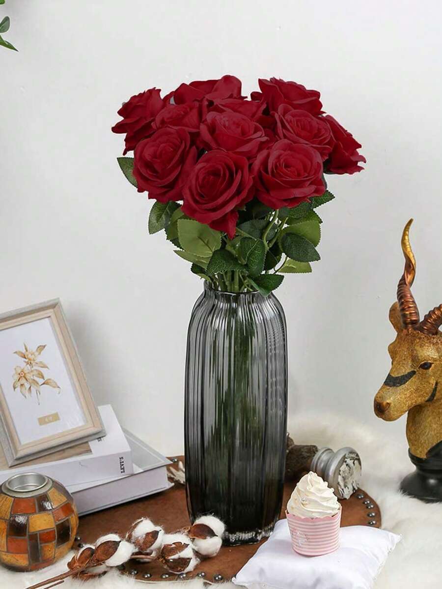 10 Pcs Roses Simulation Red Roses Long Stem False Roses Can Be Cut Silk ...