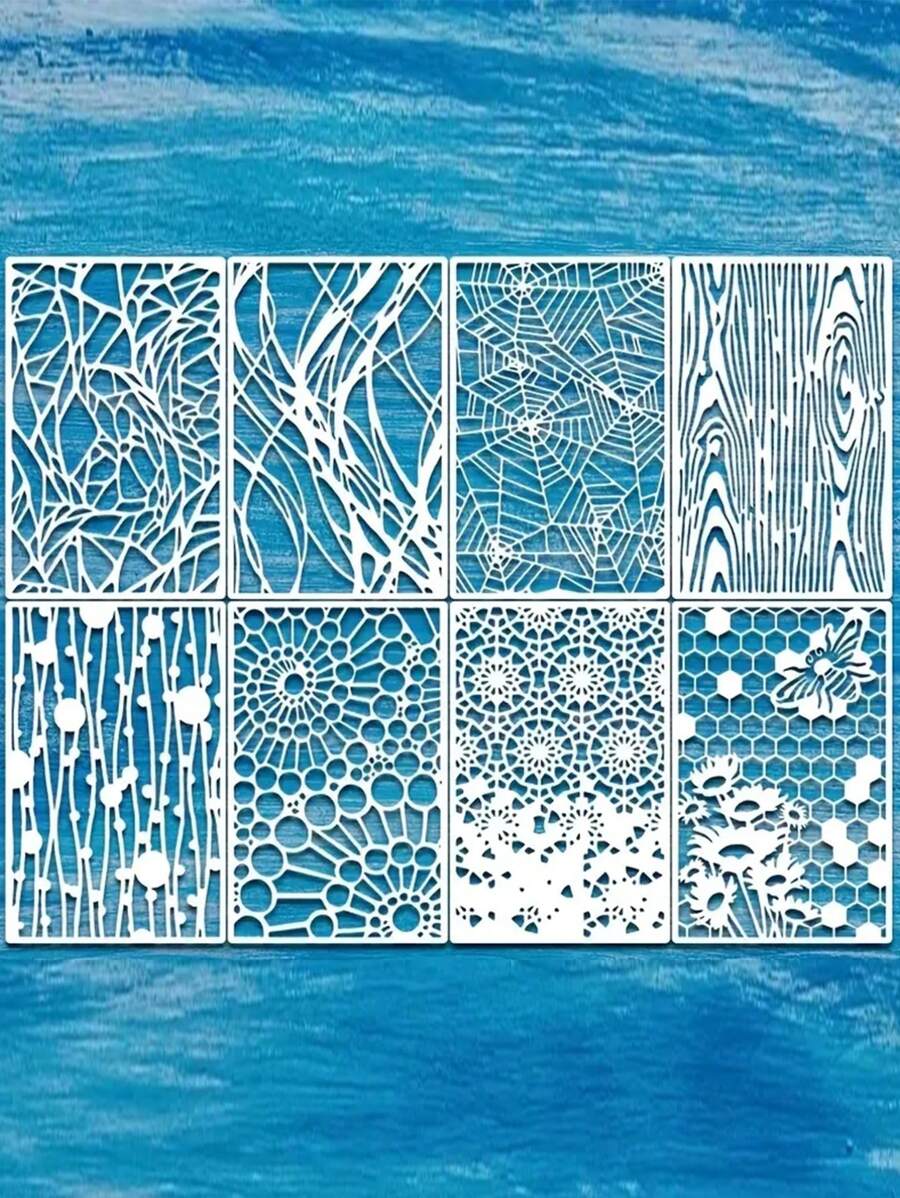 8pcs Reusable Texture Painting Stencils - Spider Net, Wood Grain, Stone ...