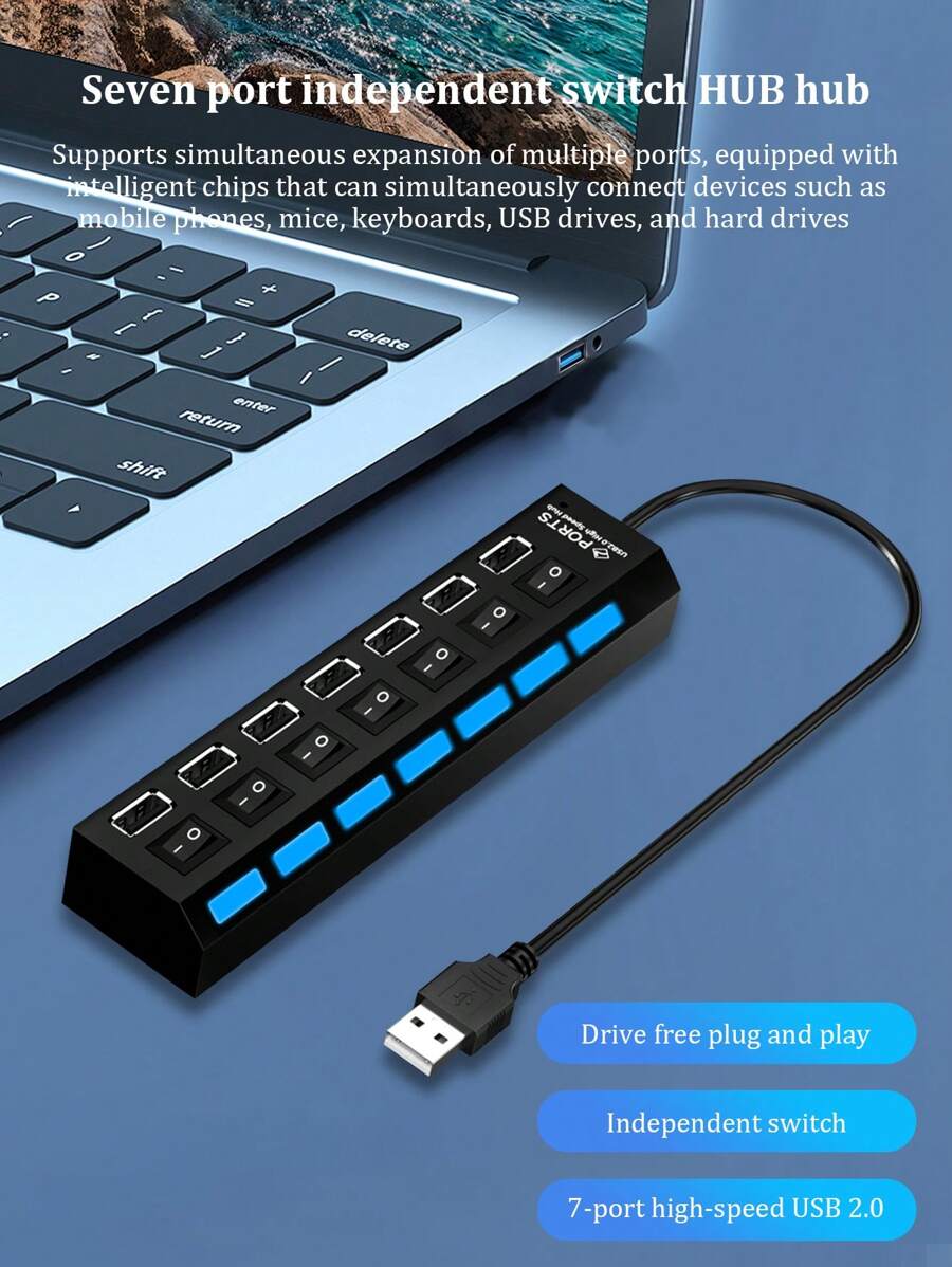 Splitter HUB de 7 puertos con interruptor independiente en negro, HUB de interfaz múltiple USB 2 ...