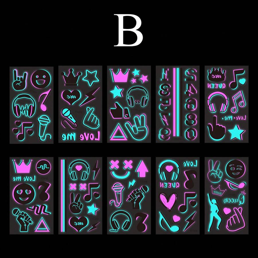 10pcs Music Festival Creative Glow In The Dark Tattoo Sticker ...