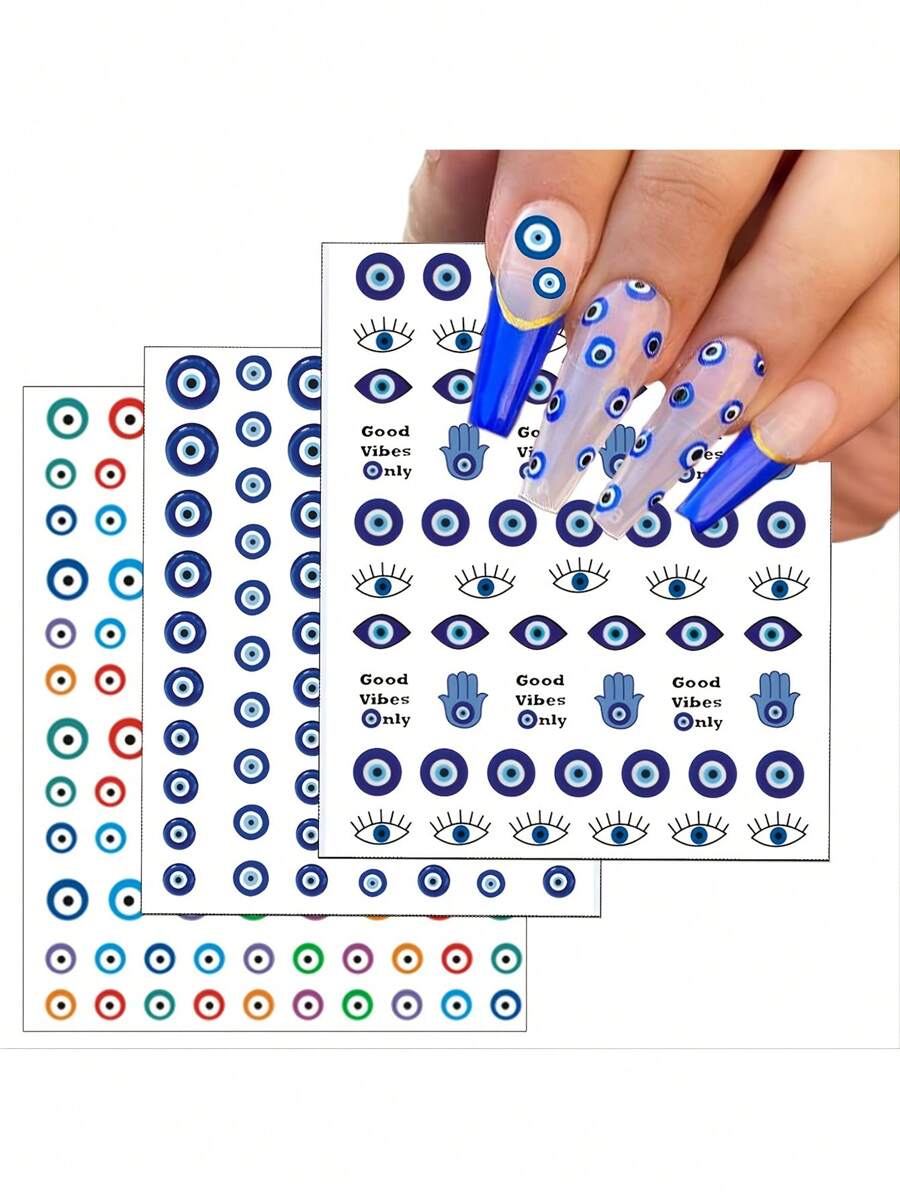 14 Sheets Evil Eye Nail Stickers, 3D Turkish Blue Eye Design Nail Art ...