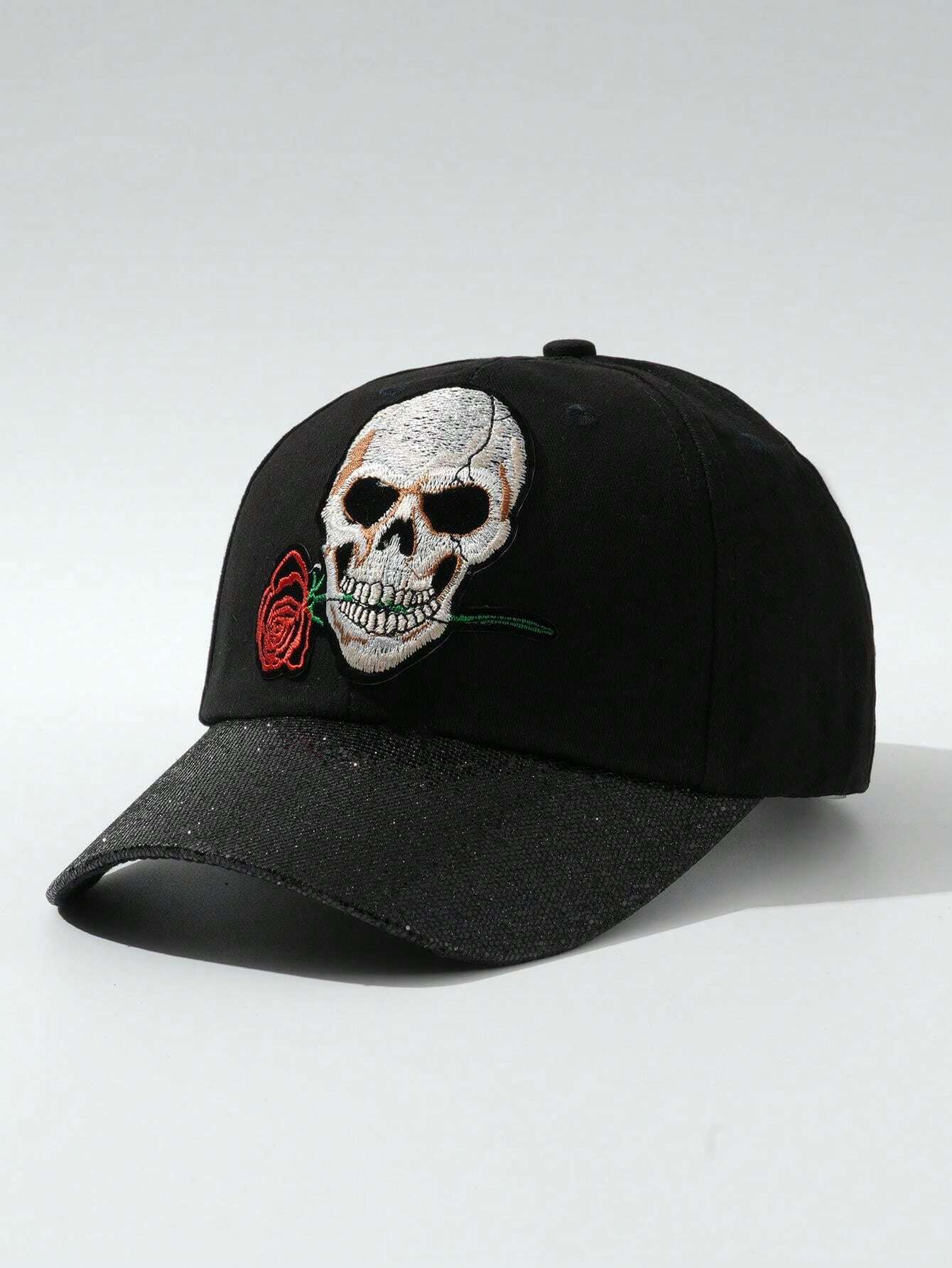 1pc Unisex Black Baseball Cap With Glitter Silver Thread Decoration And ...