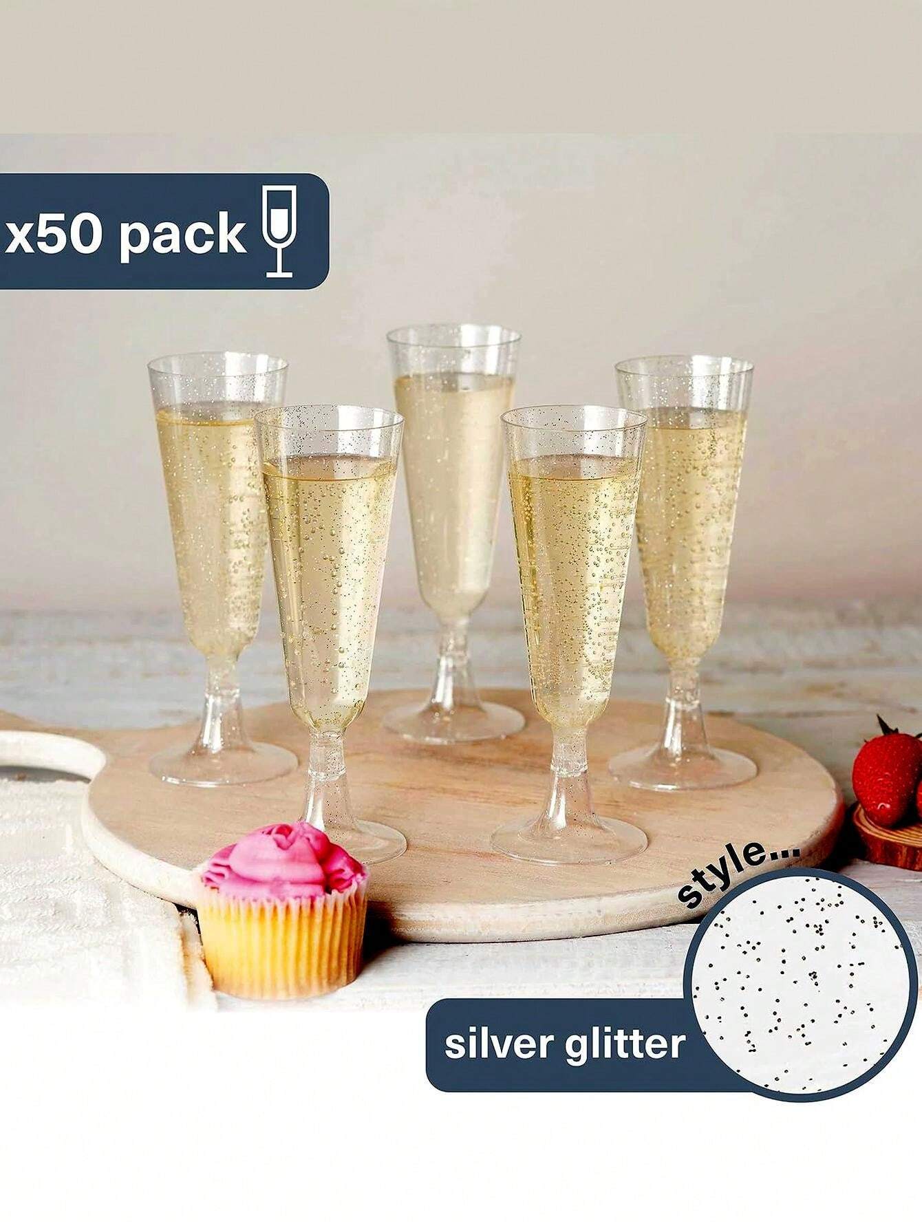 50 Copas de champán de plástico transparente chispeante de plata de 5 ...
