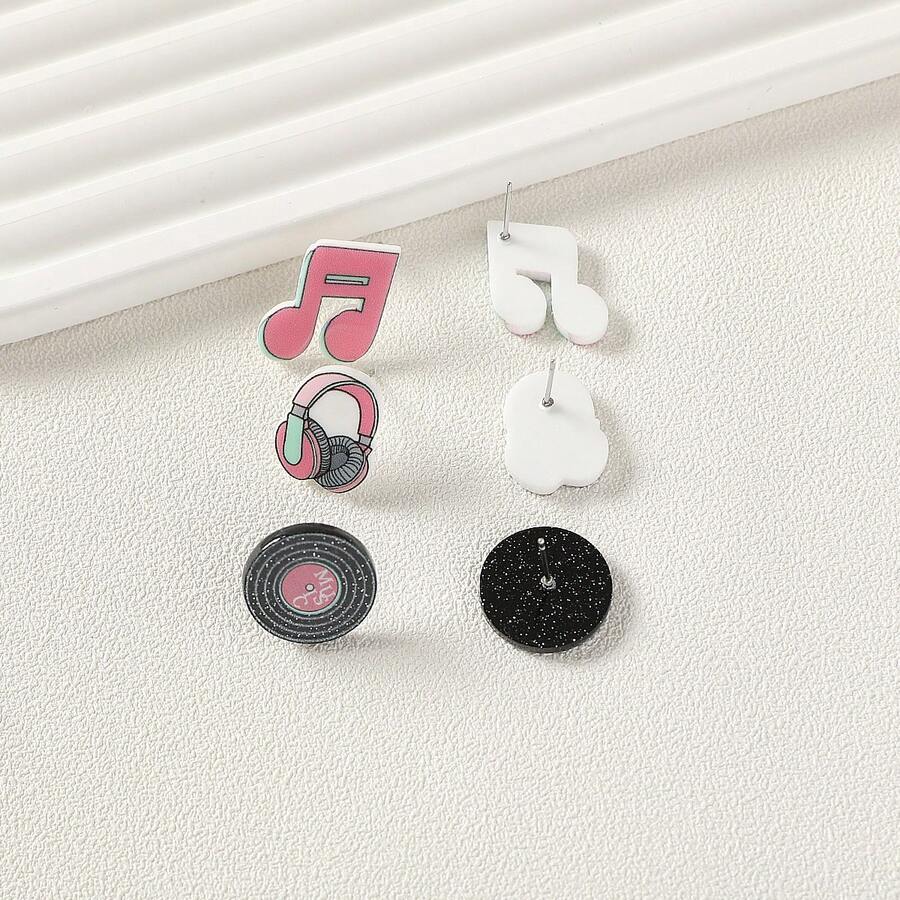 3pairs Cute Fun Acrylic Music Note Earphones CDs Printing Stud Earrings ...