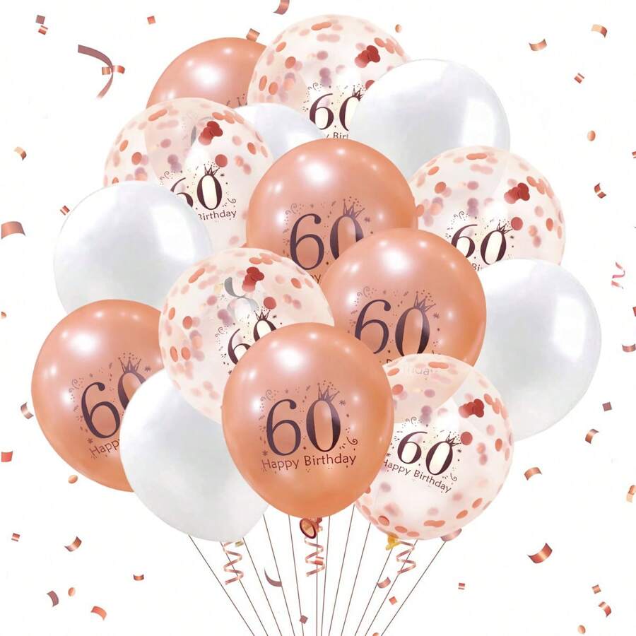 18pcs 60th Birthday Latex Balloons Including 12pcs 12-Inch Rose Gold Happy 60th Birthday ...