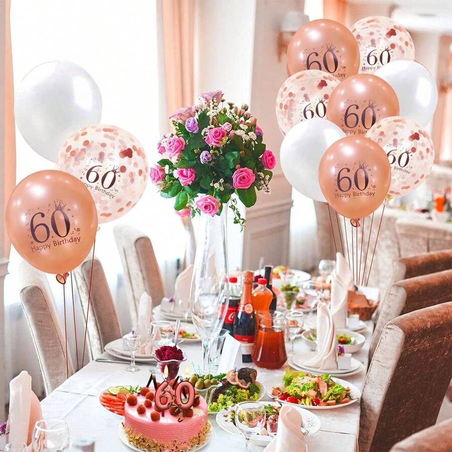 18pcs 60th Birthday Latex Balloons Including 12pcs 12-Inch Rose Gold Happy 60th Birthday ...