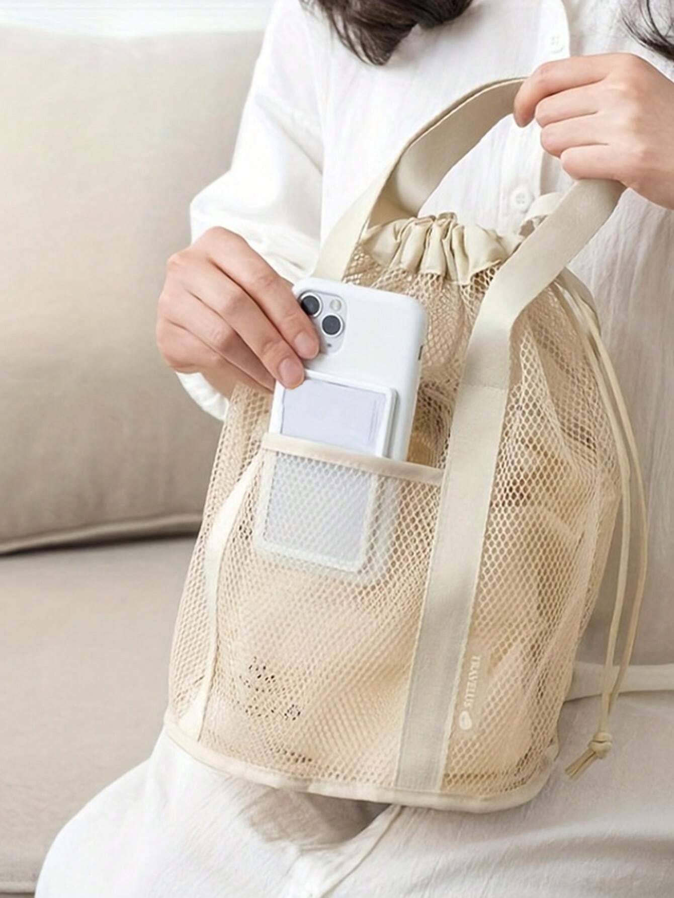 Lightweight Mesh Shower Bag With Secure Drawstring Mesh Beach-Pool Tote ...