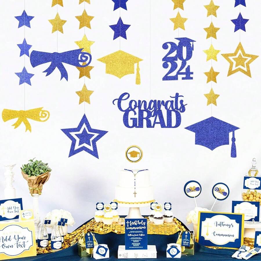 Navy-Blue Gold Graduation Party-Decorations Garland - 8pcs Congrats ...