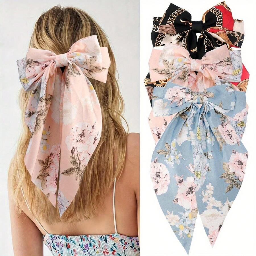 3 Pcs Hair Bows Elegant Retro Bow Hair Clip Classic Floral Hair Ribbon ...