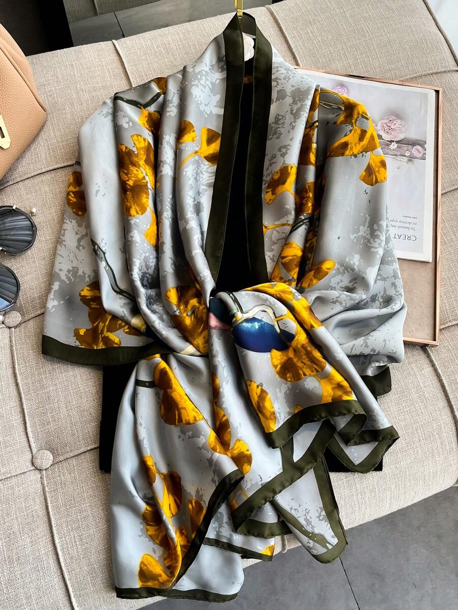 1pc Elegant Flower Printed Silk Scarf For Women, Summer Beach Sunscreen ...